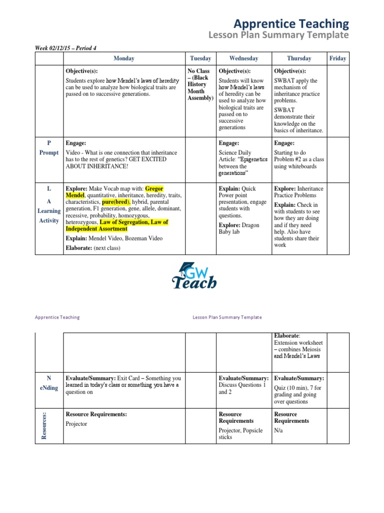 Apprentice Teaching: Lesson Plan Summary Template | PDF | Heredity ...
