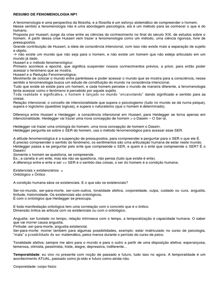 Resumo de Fenomenologia Np1 e Np2 | Download grátis PDF | Fenomenologia (Filosofia) | Edmund Husserl
