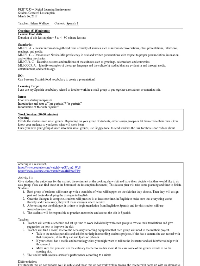 Student-Centered Spanish Food Skits | PDF | Lesson Plan | Sales