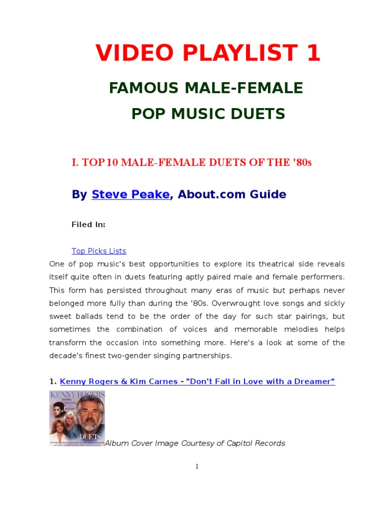 Video Playlist 1 - Famous Male-Female Pop Music Duets | PDF | Songs ...