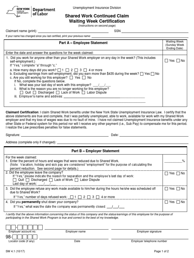 Shared Work Continued Claim Waiting Week Certification: Part A - Employee Statement | PDF ...