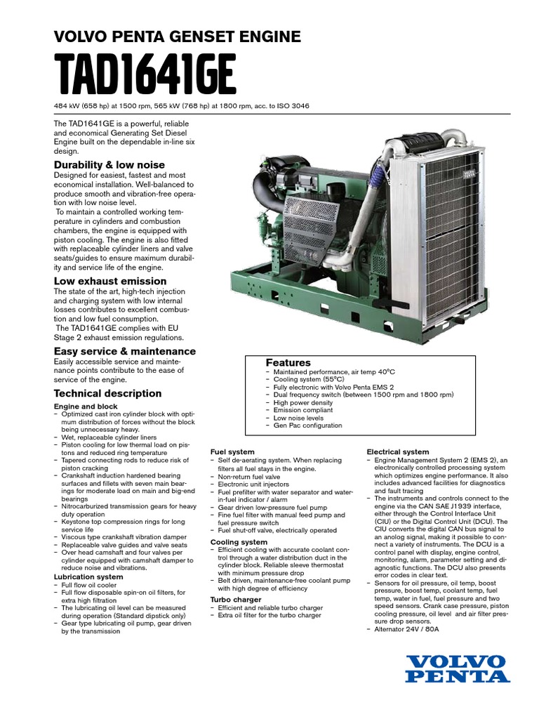 TAD1641GE: Volvo Penta Genset Engine | PDF | Cylinder (Engine) | Engines