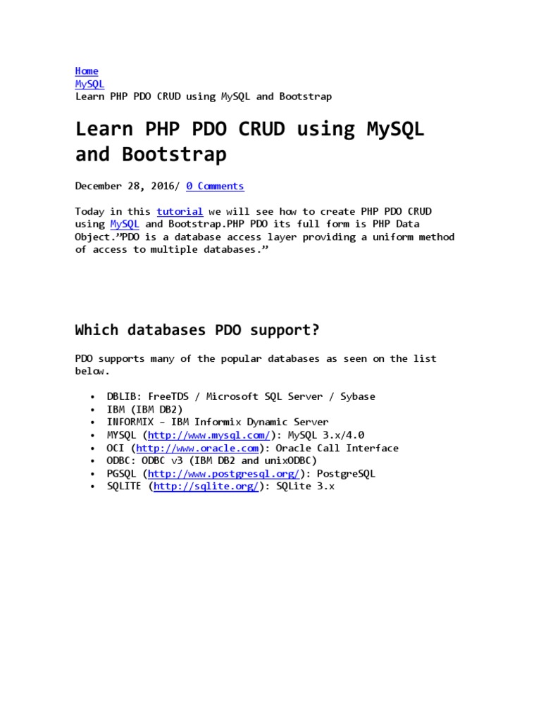 Creating A Php Pdo Crud Application Using Mysql And Bootstrap For Database Operations Pdf