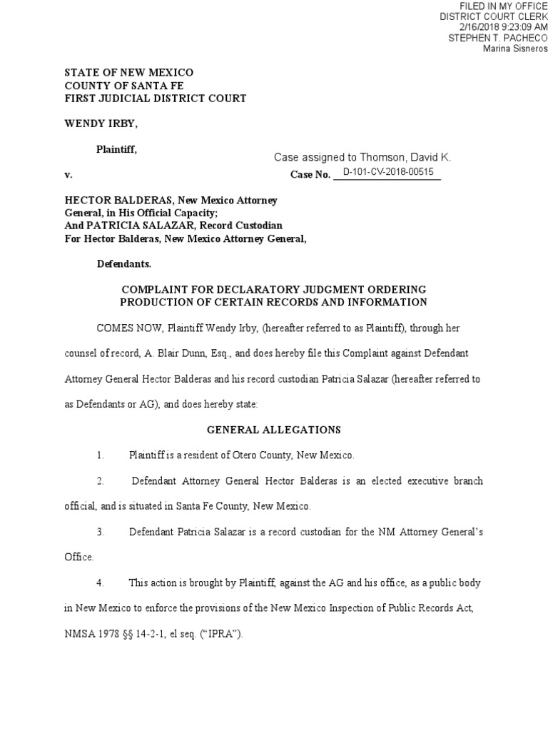 AG IPRA Lawsuit | PDF | Declaratory Judgment | Damages