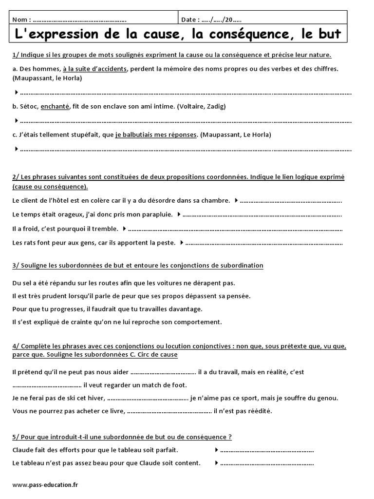 Expression de La Cause La Conséquence Le But 3ème Exercices Corrigés | PDF