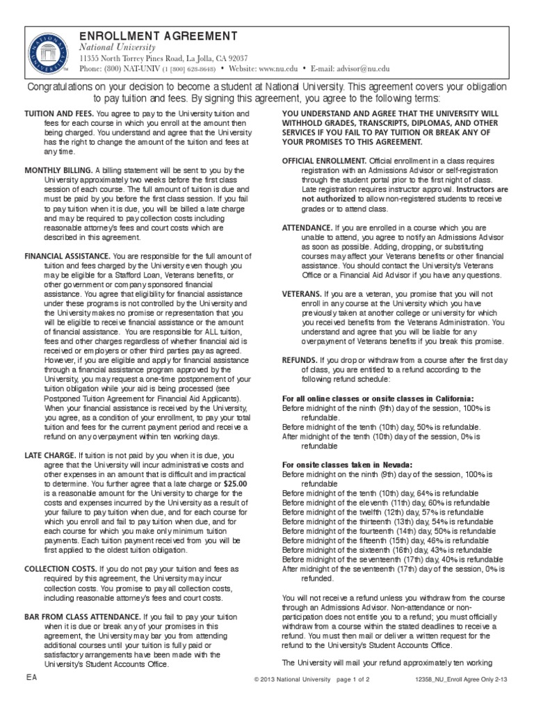 Enrollment Agreement: National University | PDF | Tuition Payments | Arbitration