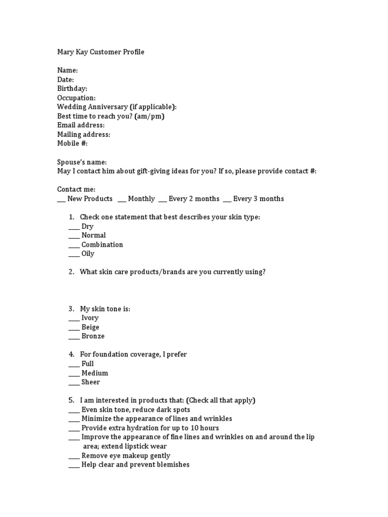 Mary Kay Customer Profile Template | PDF