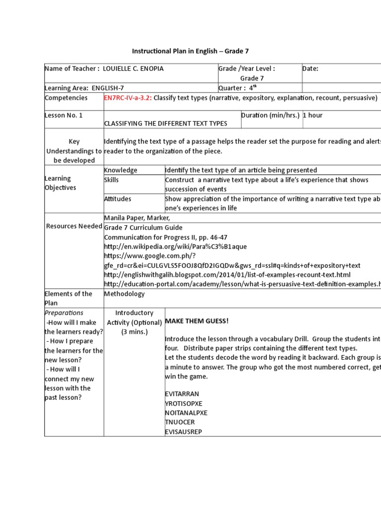 Instructional Plan | PDF | Educational Assessment | Curriculum