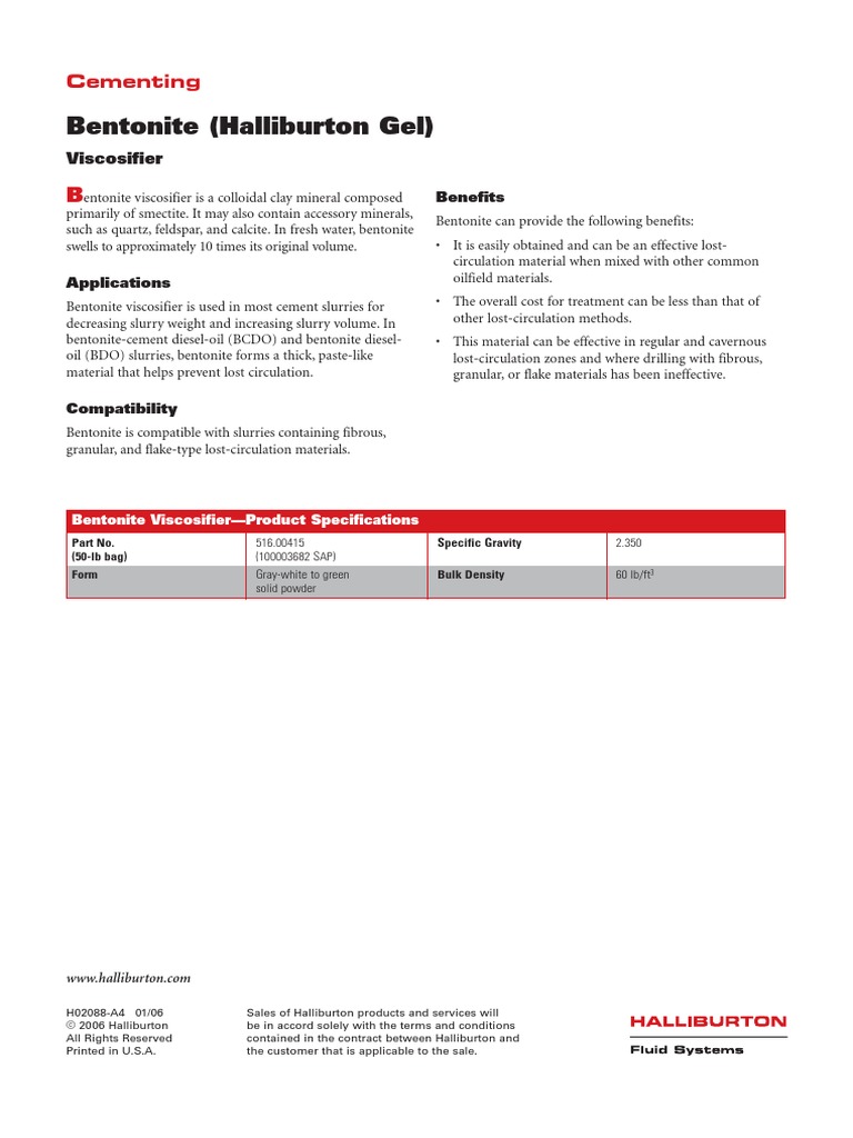 Bentonite (Halliburton Gel) : Cementing | PDF | Chemistry | Natural ...
