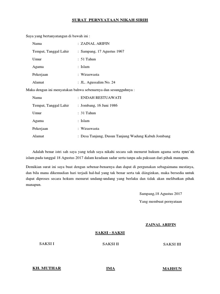 Surat Pernyataan Nikah Sirih | PDF