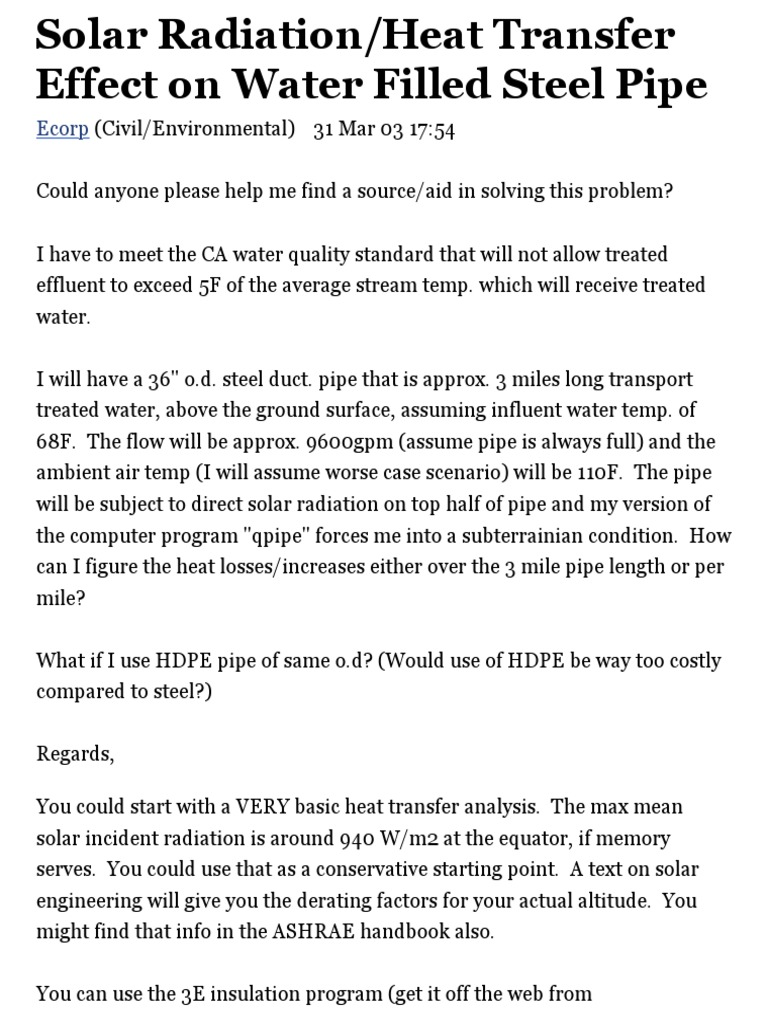 Solar Radiation:Heat Transfer Effect On Water Filled Steel Pipe ...