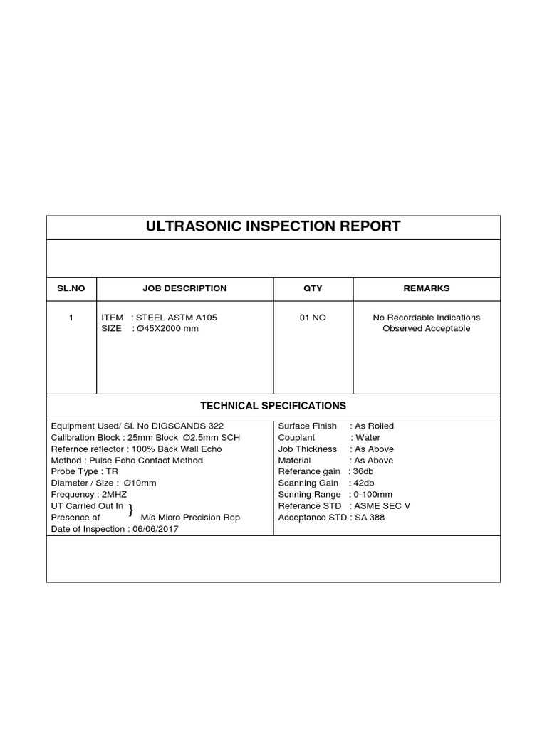 Ultrasonic Inspection Report A105 | PDF