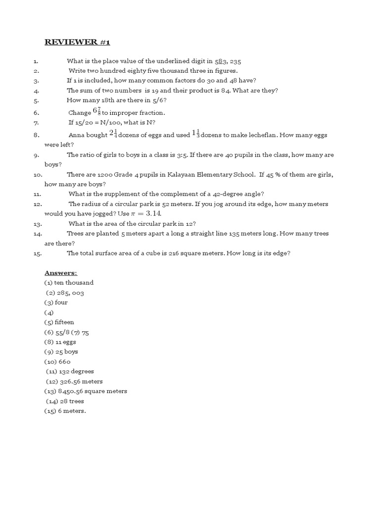 Grade 4 MTAP Math Reviewer with Answers | PDF | Area | Fraction ...