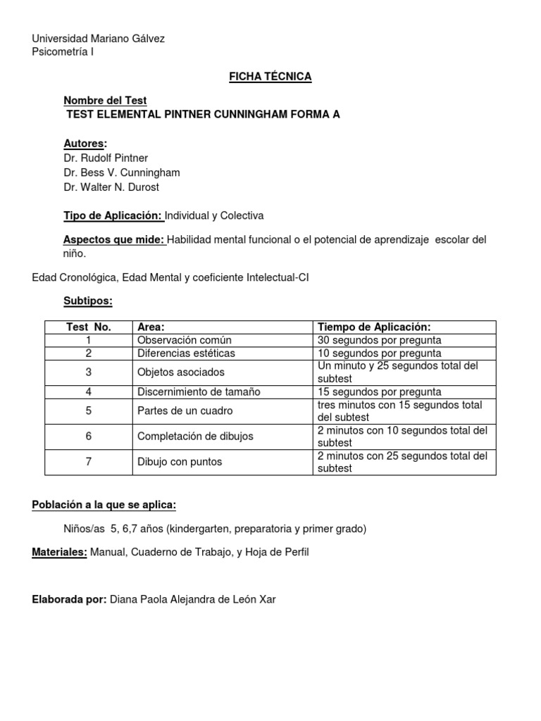 Psicometría I - Test Elemental Pintner Cunningham Forma A | PDF