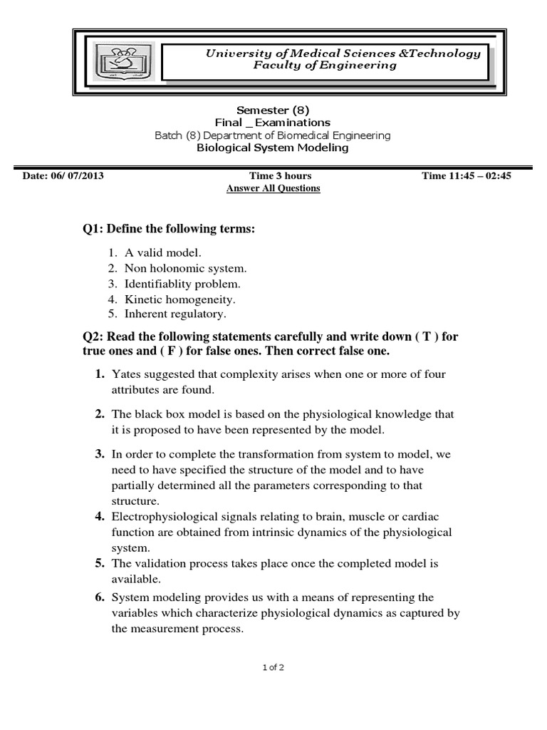 Batch (8) Department of Biomedical Engineering | PDF | System | Equations