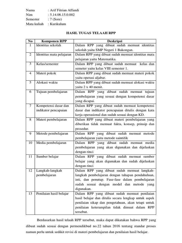 Hasil Telaah RPP | PDF
