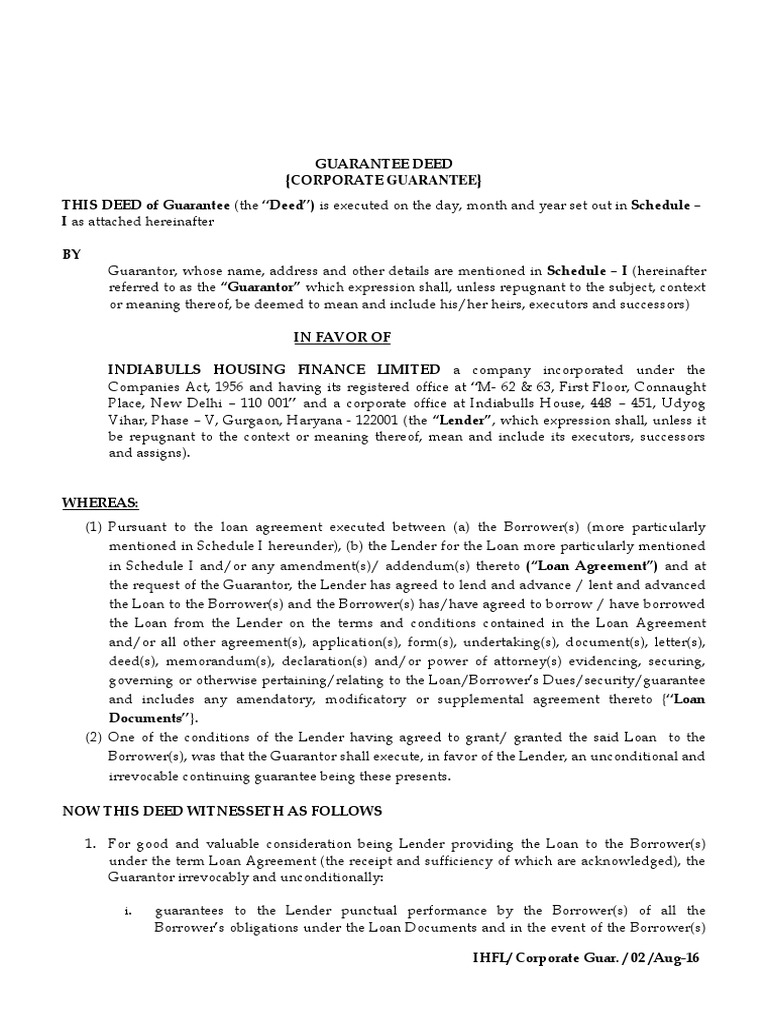 Corporate Guarantee Deed Template | PDF | Guarantee | Loans