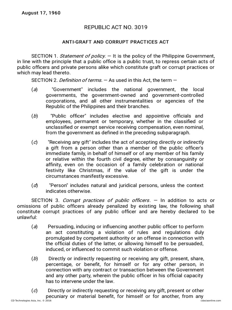RA 3019 - Anti-Graft and Corrupt Practices Act | PDF | Crime & Violence ...