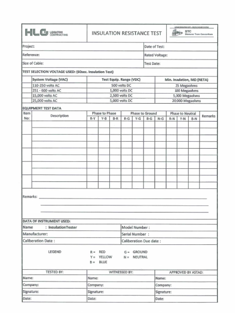 Insulation Resistance Test Form | PDF