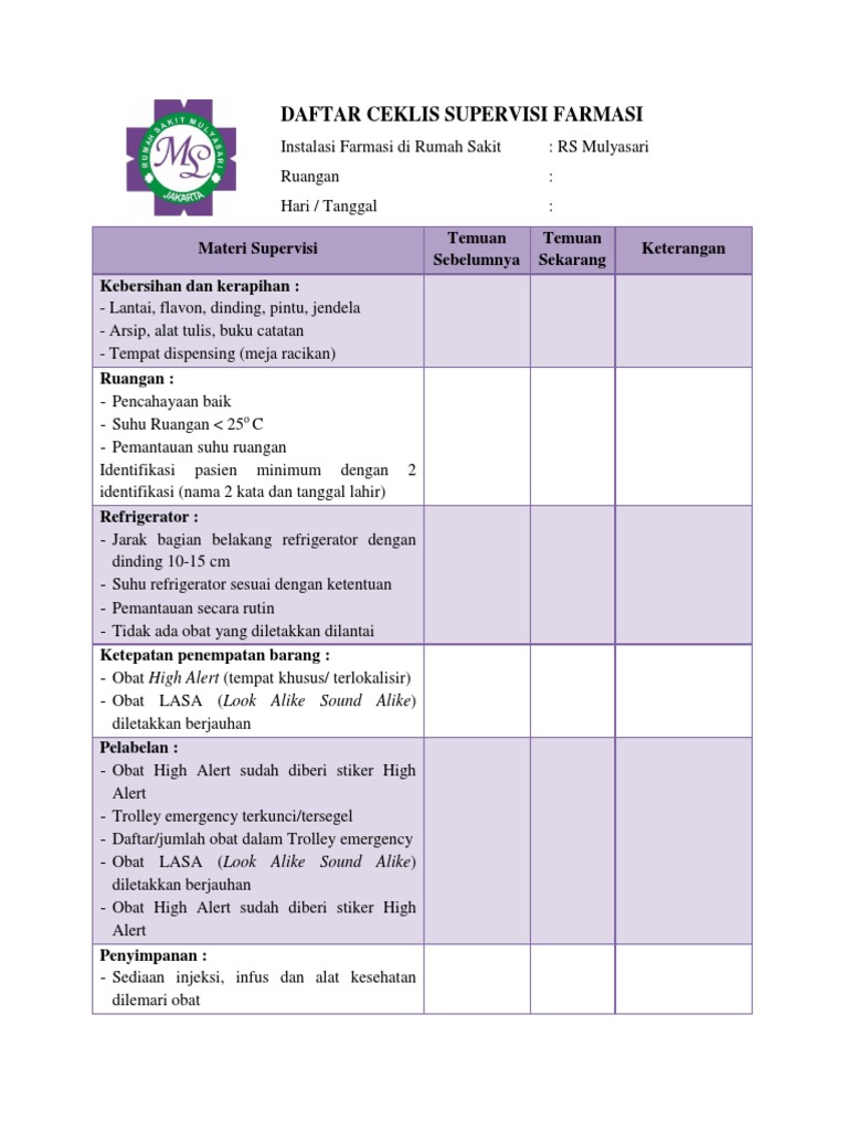 Daftar Ceklis Supervisi Farmasi | PDF