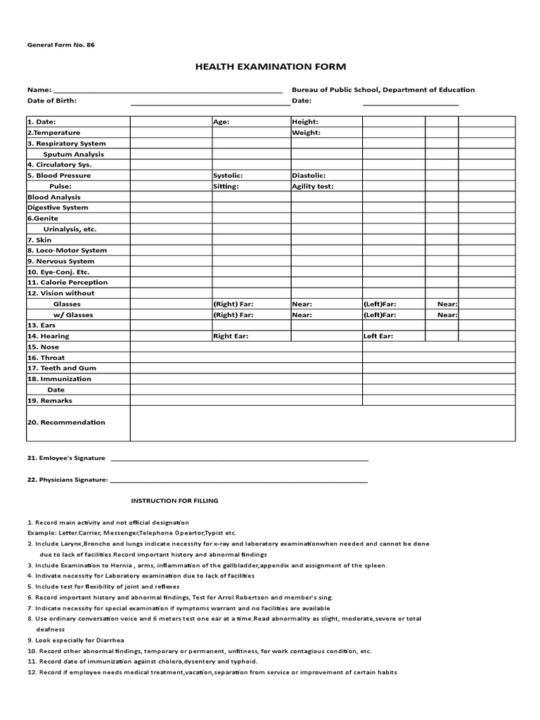 Form 86 Health Examination Form 1 | PDF | Blood Pressure | Medicine