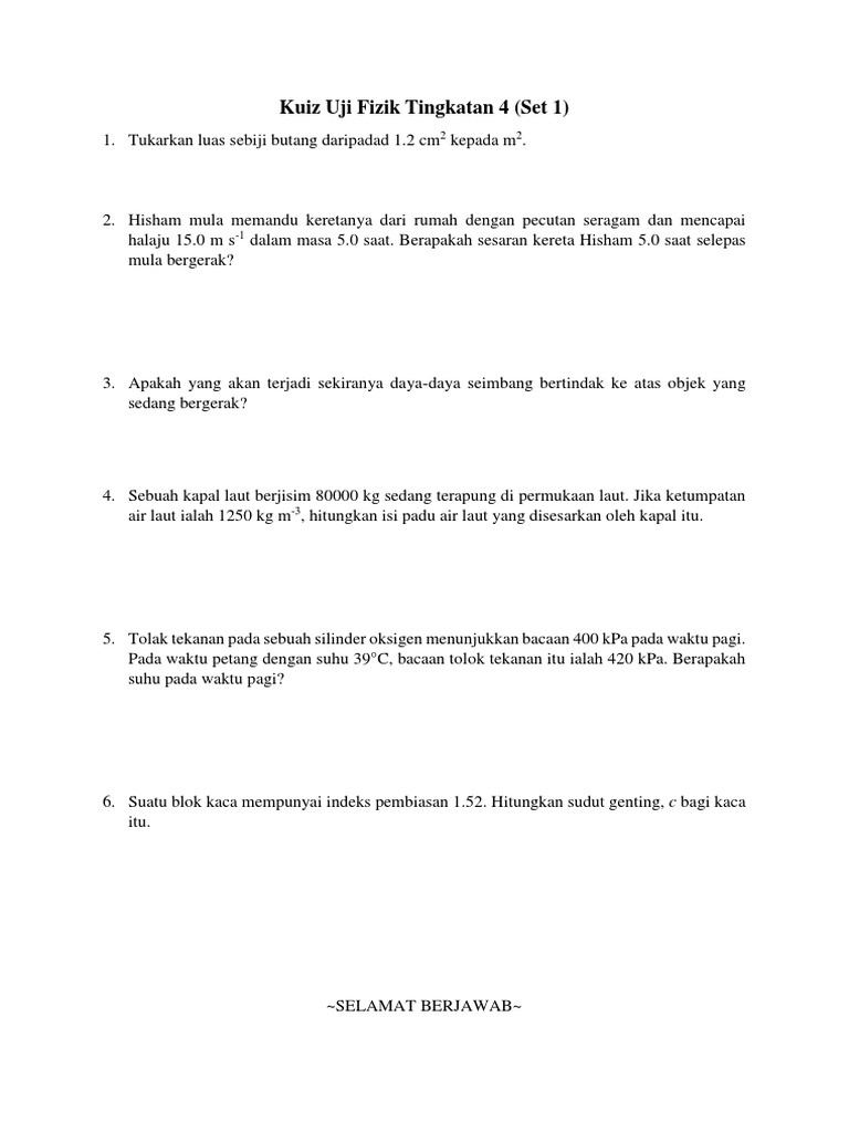 Kuiz Uji Fizik Tingkatan 4 (Set 1) | PDF