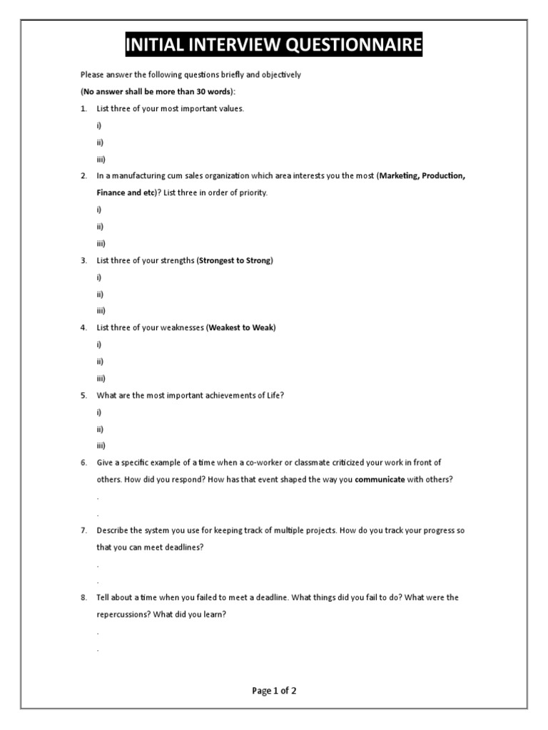 Initial Interview Questionnaire: Finance and Etc) ? List Three in Order ...