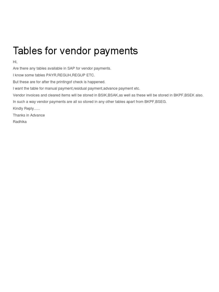 Tables For Vendor Payments | PDF | Finance & Money Management