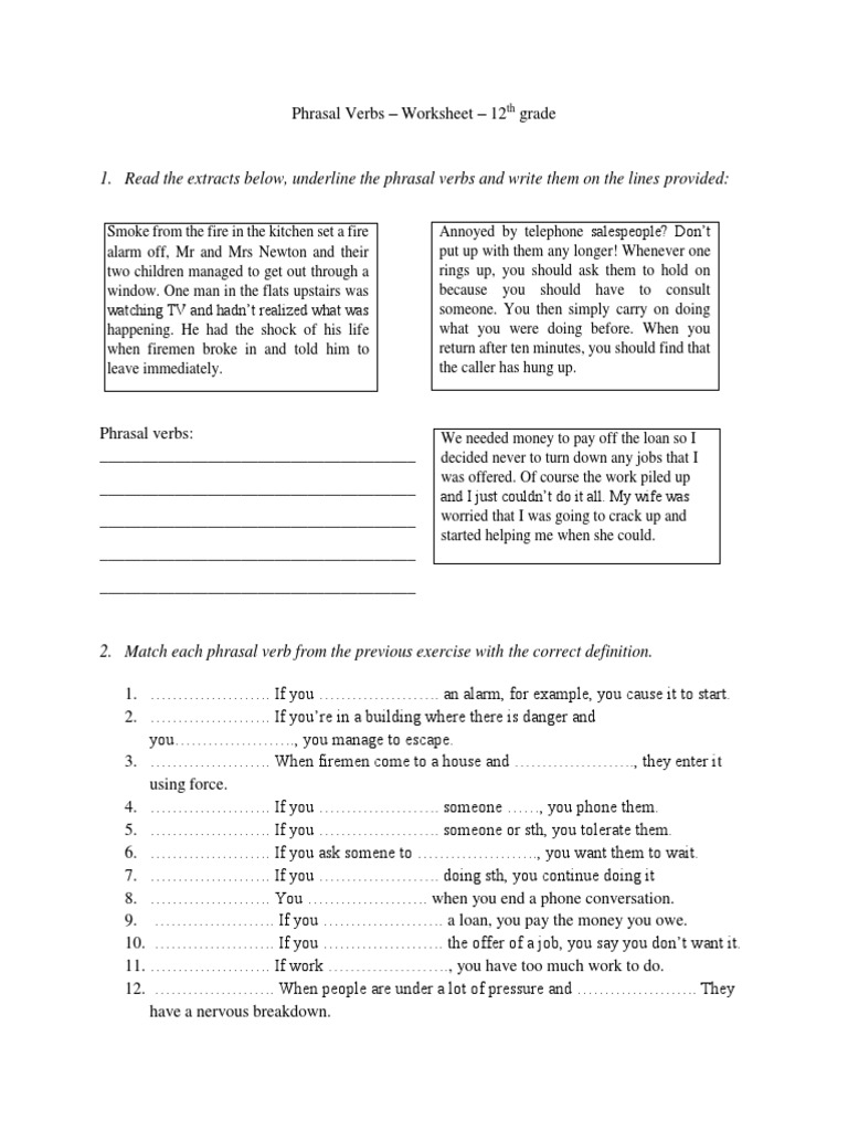 Phrasal Verbs Worksheet 12th Grade | PDF