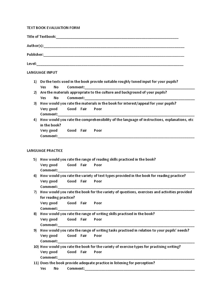Text Book Evaluation Form | PDF | Books | Reading Comprehension