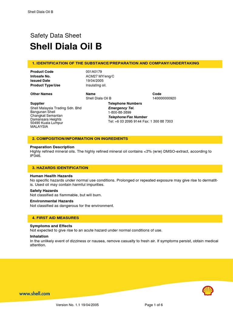 Shell Diala Oil B MSDS v01 | Toxicity | Dangerous Goods