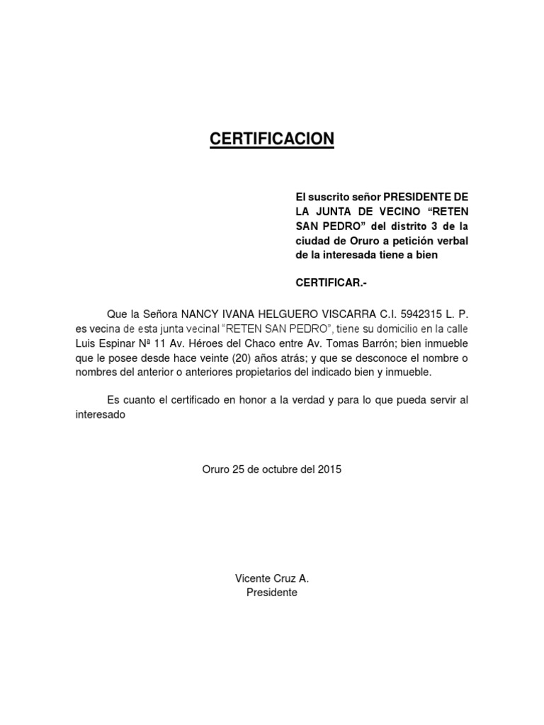 Certificacion Vecinal | PDF