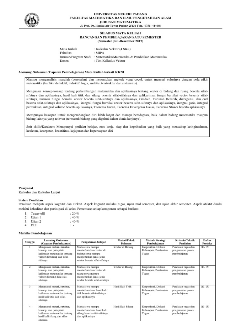 Silabus Kalkulus Vektor | PDF