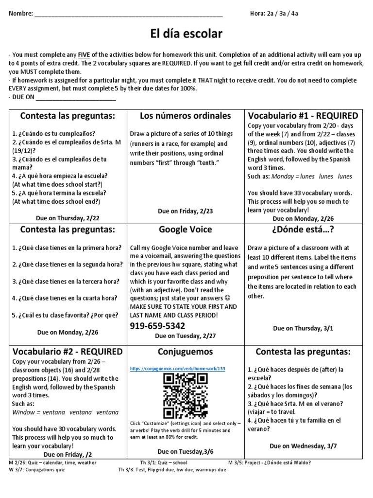 Spanish 1 El Dia Escolar Tarea | PDF | Languages | Language Arts ...