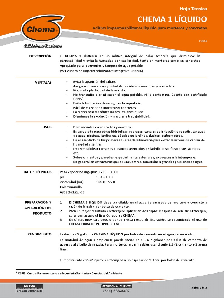Aditivo Impermeabilizante CHEMA 1 | PDF | Cemento | Agua