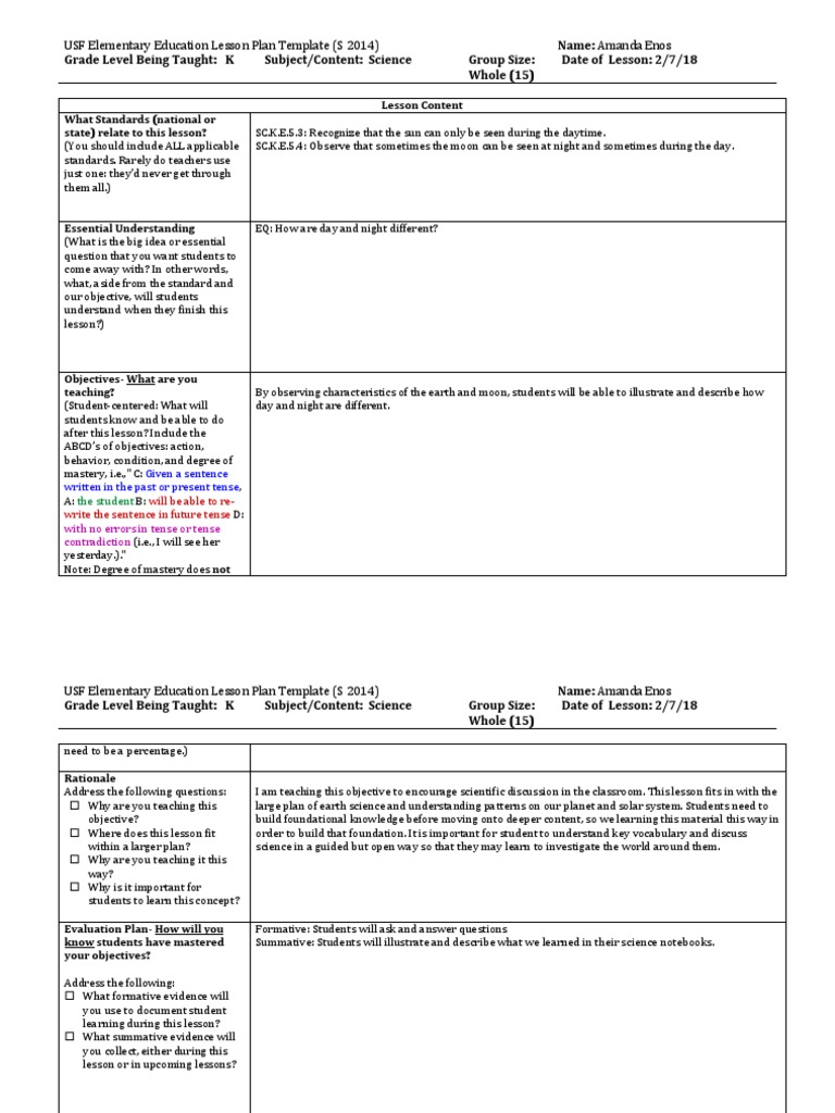 USF Elementary Education Lesson Plan Template (S 2014) | PDF | Lesson ...