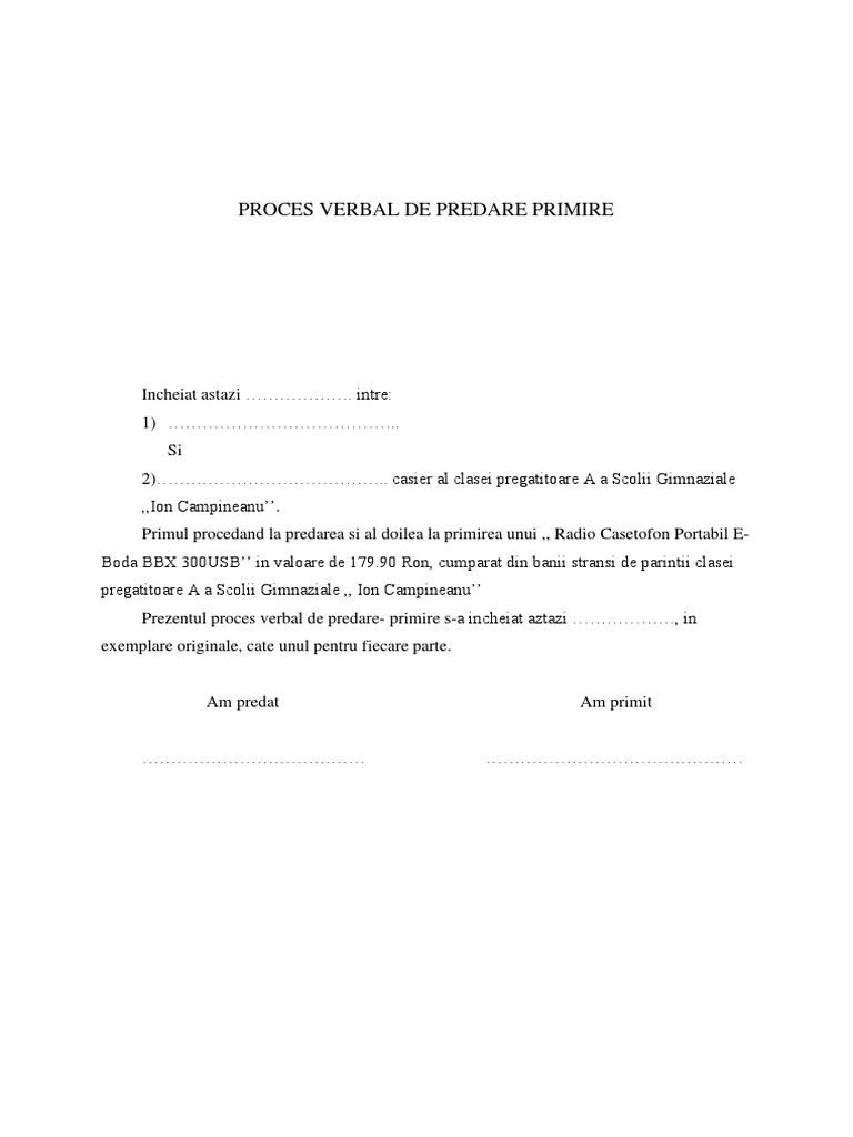 Proces Verbal de Predare - Primire Intre 2 Persoane