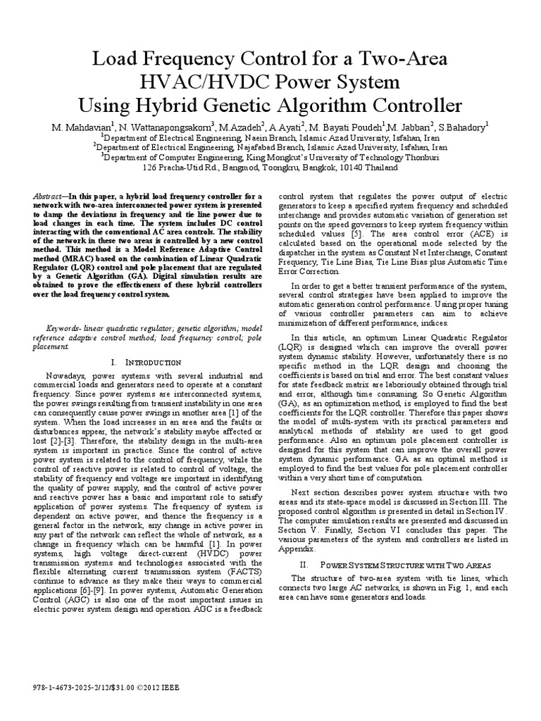 Load Frequency Control For A Two-Area HVAC/HVDC Power System Using Hybrid Genetic Algorithm ...