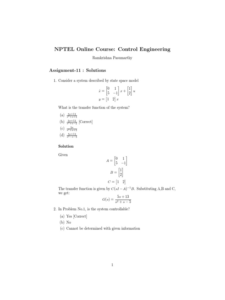 Assignment 11 Solutions | PDF | Control Theory | Matrix (Mathematics)