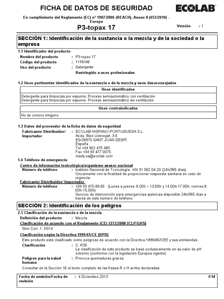 Msds Topax 17 - Ecolab | PDF | Residuos | Quemar