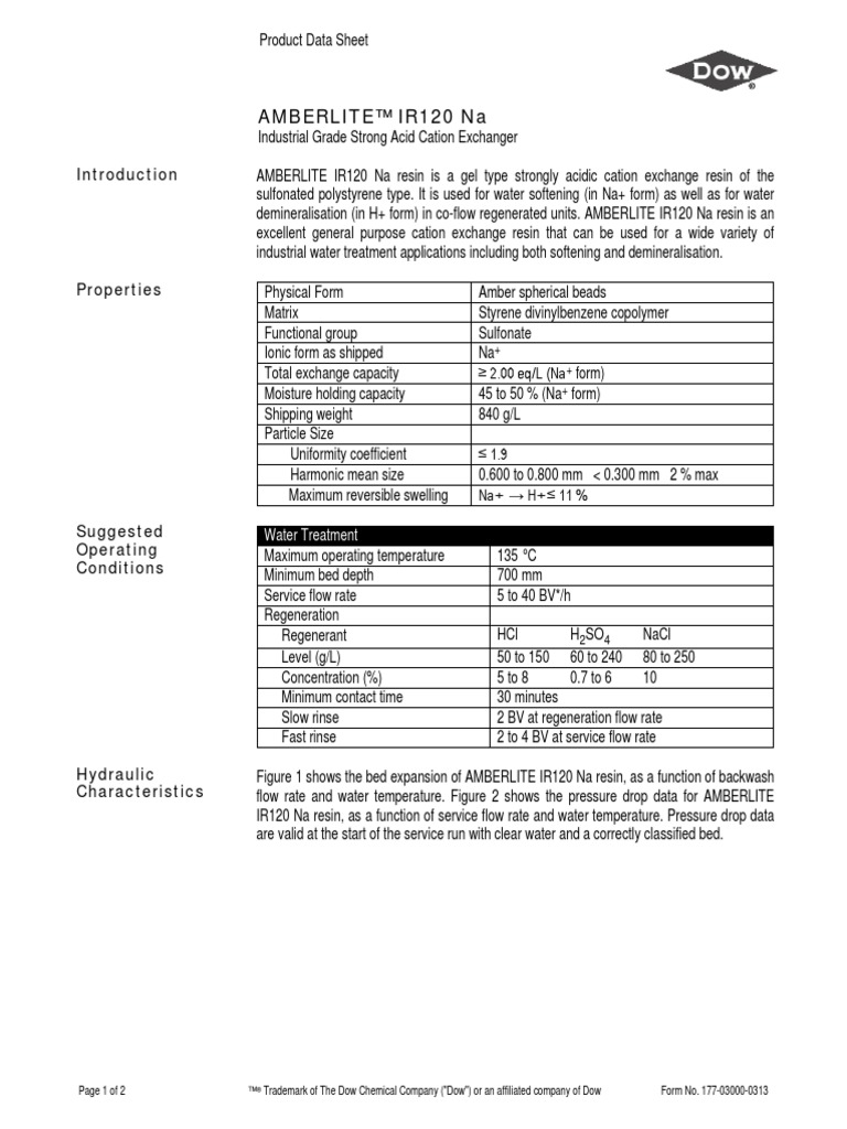 Amberlite IR 120 Na | PDF | Ion Exchange | Dow Chemical Company