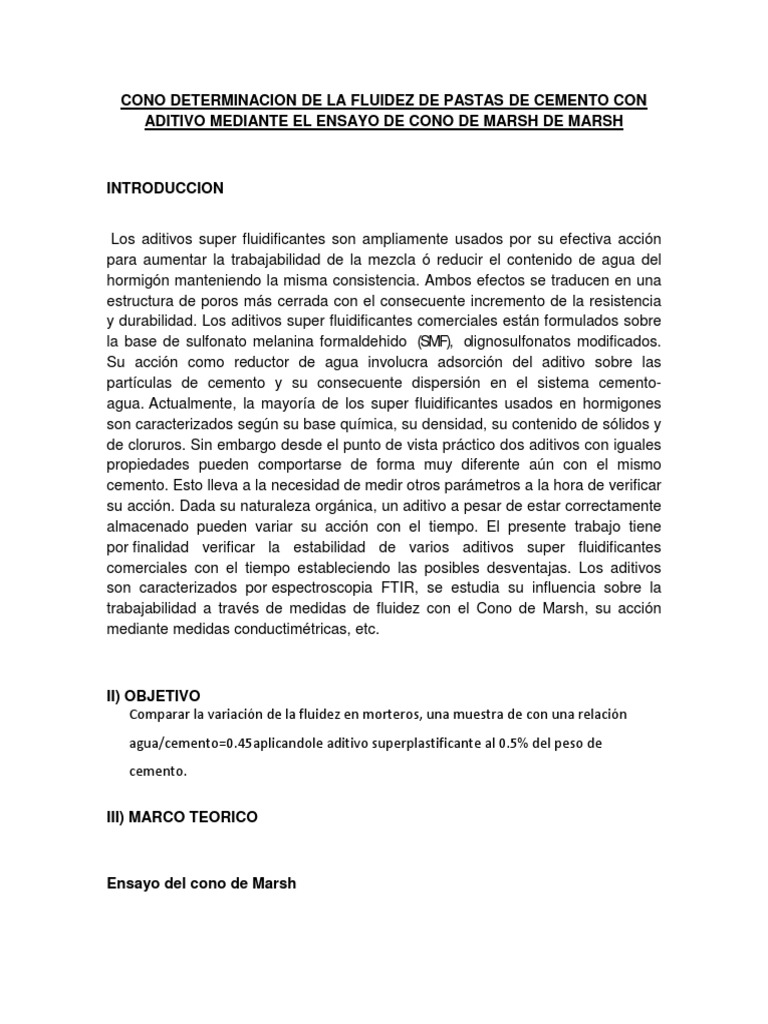 Informe de Cono de Marsh | PDF | Espectroscopia | Cemento