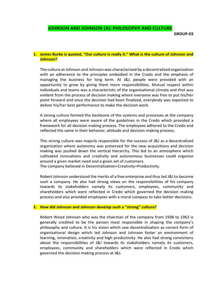 Group03 Johnson&Johnson (A) | PDF | Norm (Social) | Strategic Management