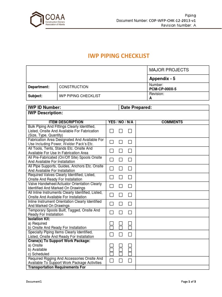Iwp Piping Checklist: Appendix - 5 | Pipe (Fluid Conveyance ...