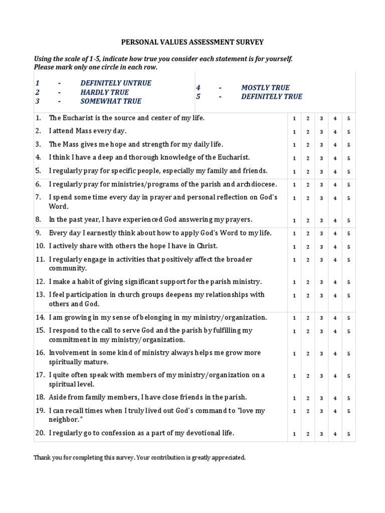 Personal Values Assessment SURVEY | PDF | Prayer | Eucharist
