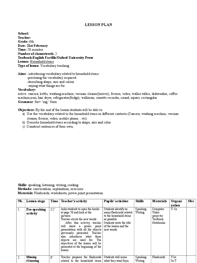 Lesson Plan 6th Grade-Household Items | PDF | Vocabulary | Teachers
