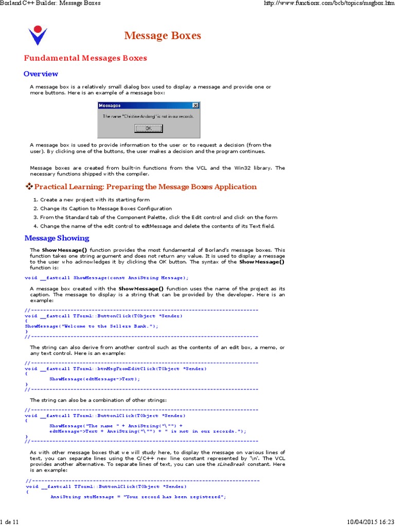 Borland C++ Builder Message Boxes | PDF | Button (Computing ...