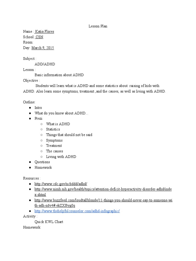 lesson plan adhd | Neurodevelopmental Disorders | Psychiatry