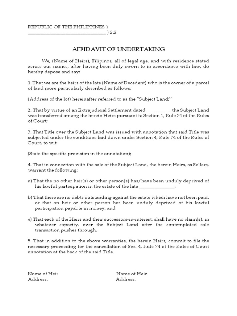 Undertaking (Section 4 Rule 74) | PDF