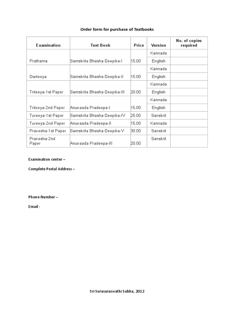 Textbook Order Form for Sri Surasaraswathi Sabha | PDF
